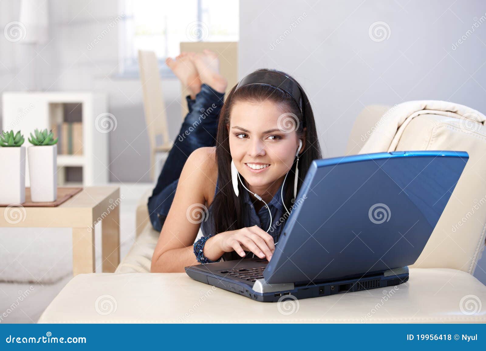 Happy Girl Using Laptop at Home Stock Photo - Image of enjoying ...