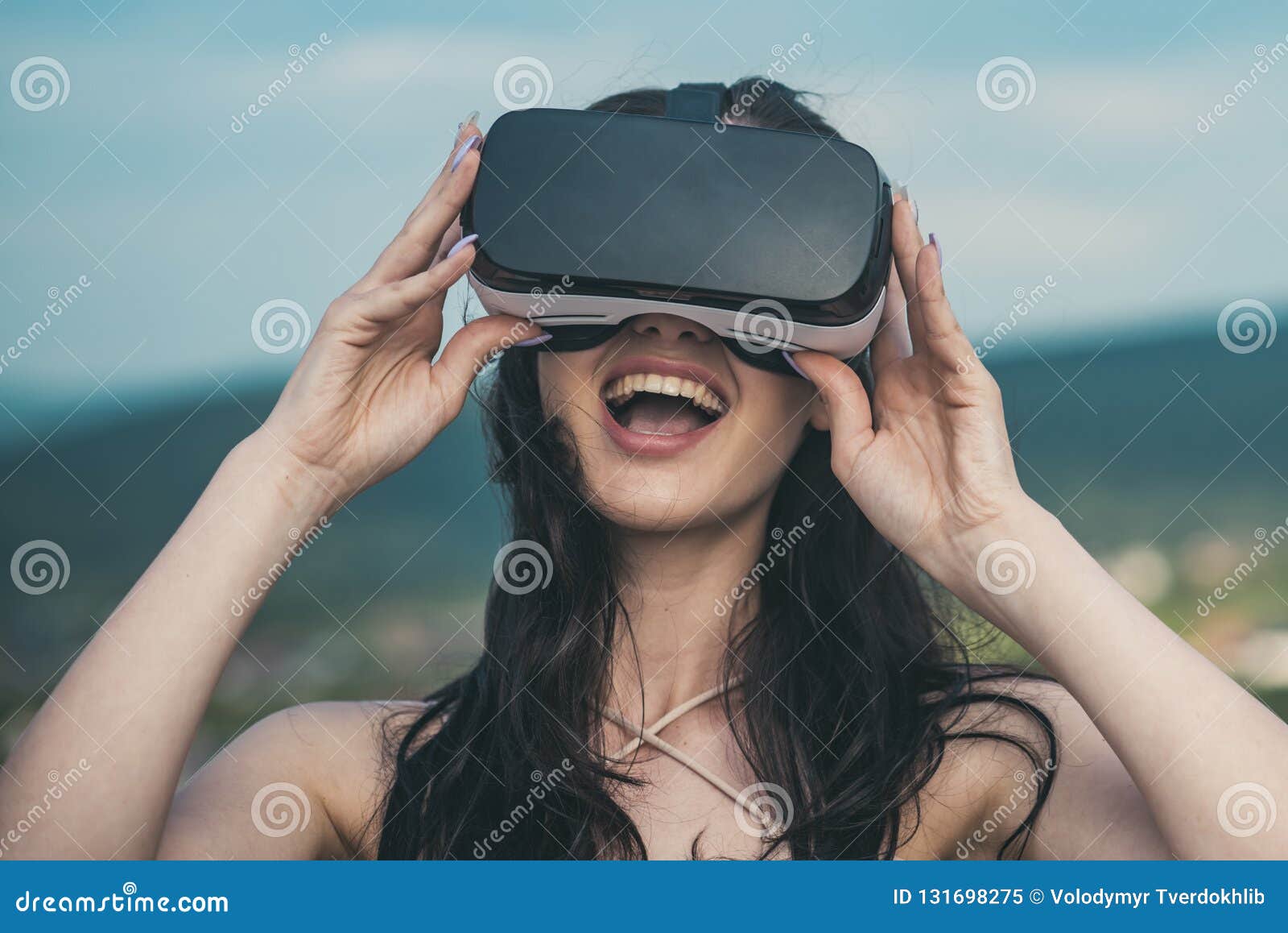 Happy Girl Using VR Headset. Digital Future and Innovation. Woman ...