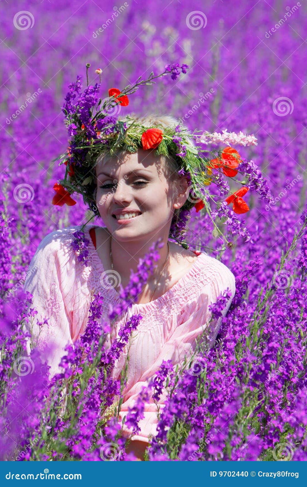 Happy Girl in Violet Flowers Stock Photo - Image of happy, country: 9702440