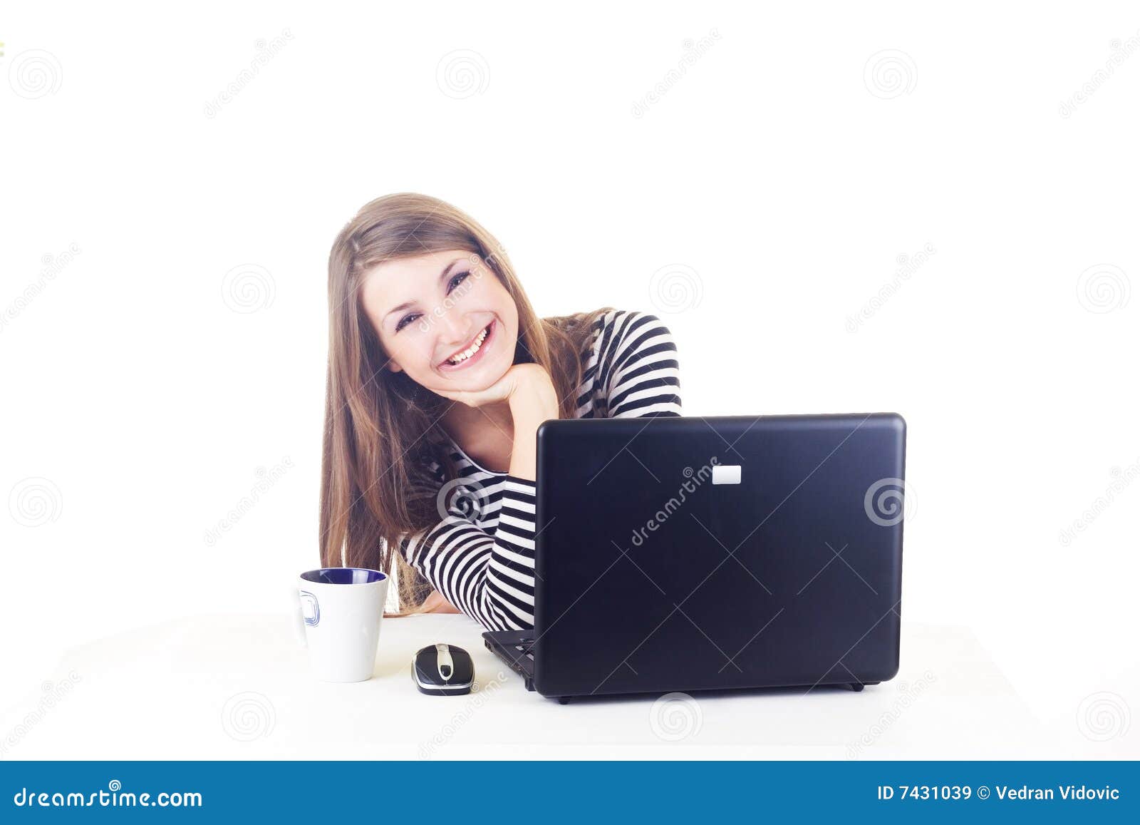 Happy Girl on Workplace. Isolated Stock Image - Image of desktop ...