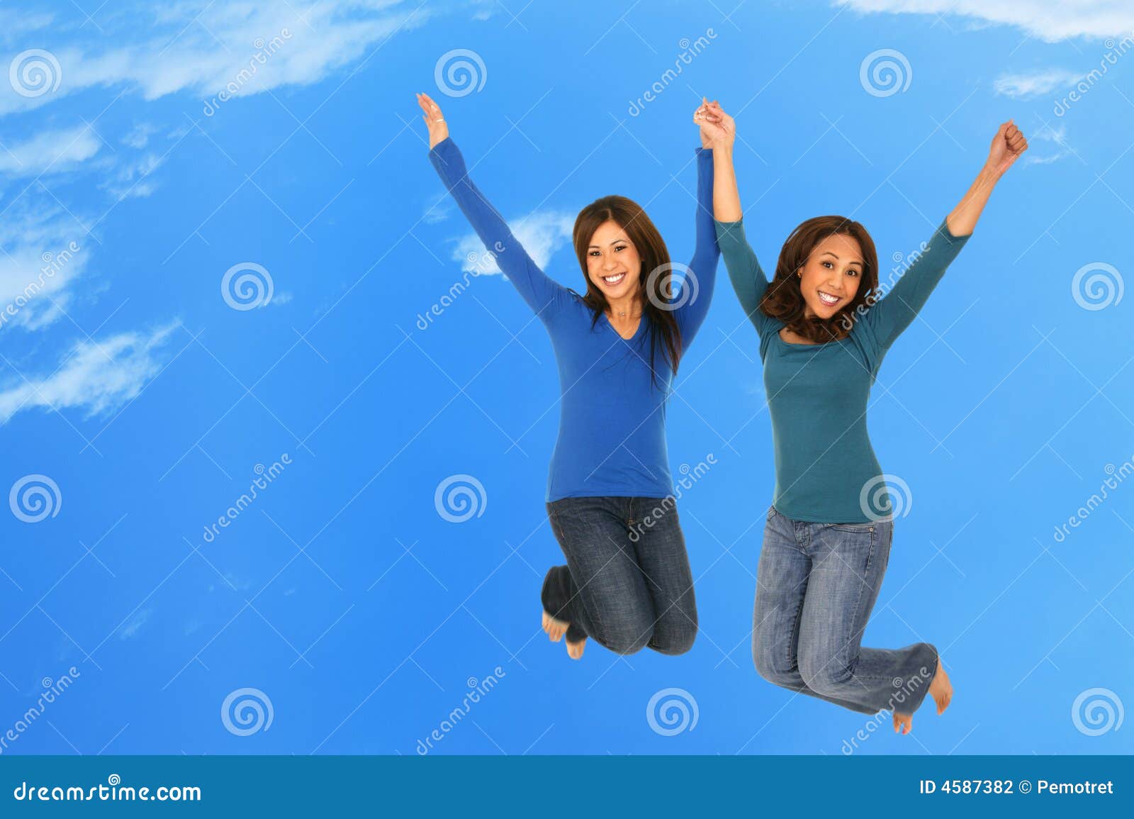 Happy Girls Jumping Over the Cloud Stock Photo - Image of life, person ...