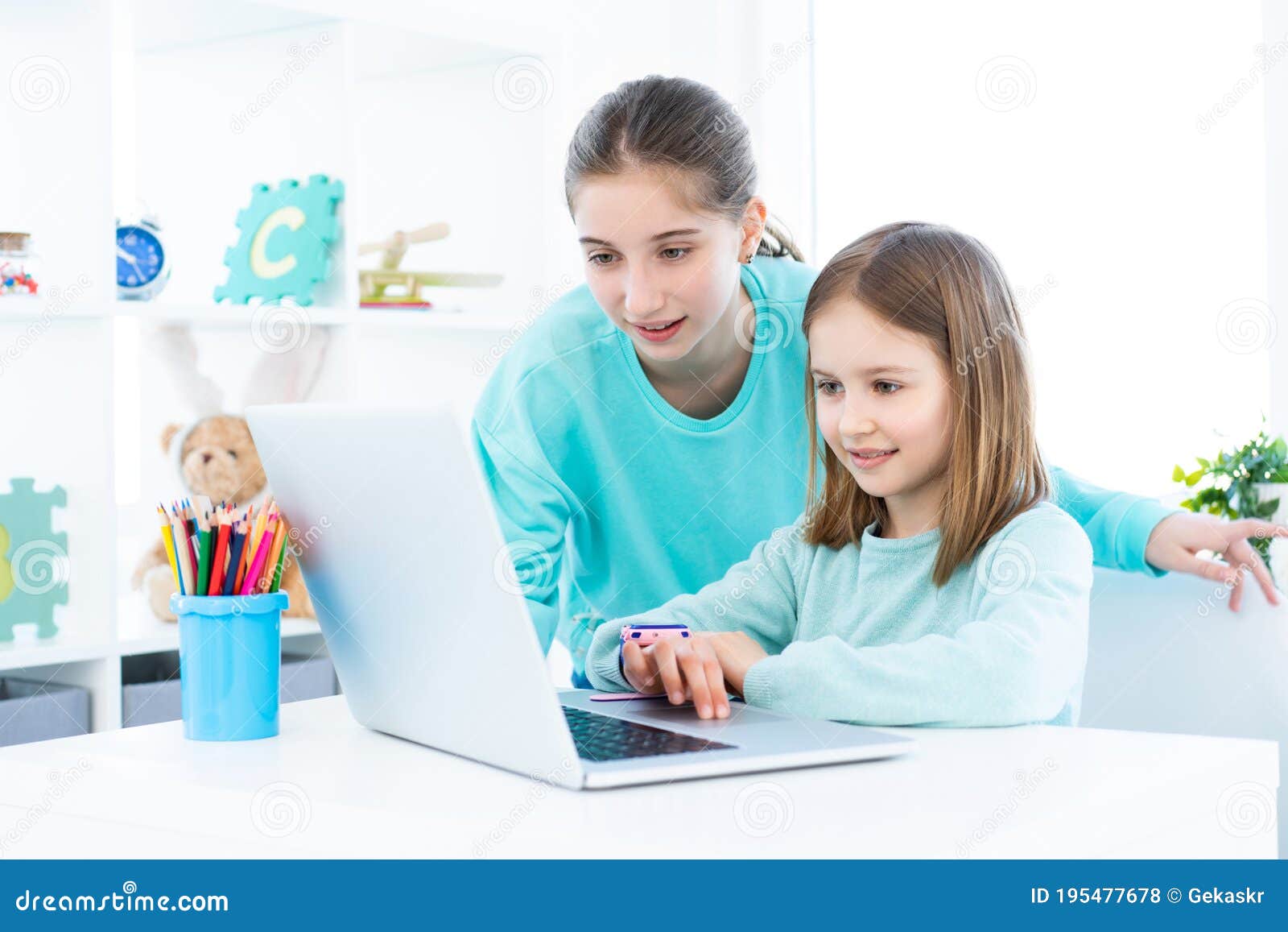 Happy Girls Working on Computer Stock Photo - Image of learn, device ...