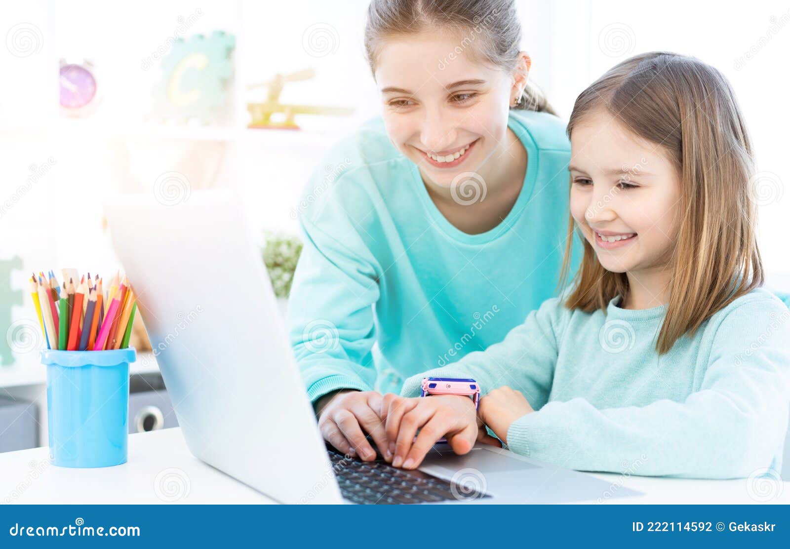 Happy Girls Working on Computer Stock Photo - Image of homework, online ...