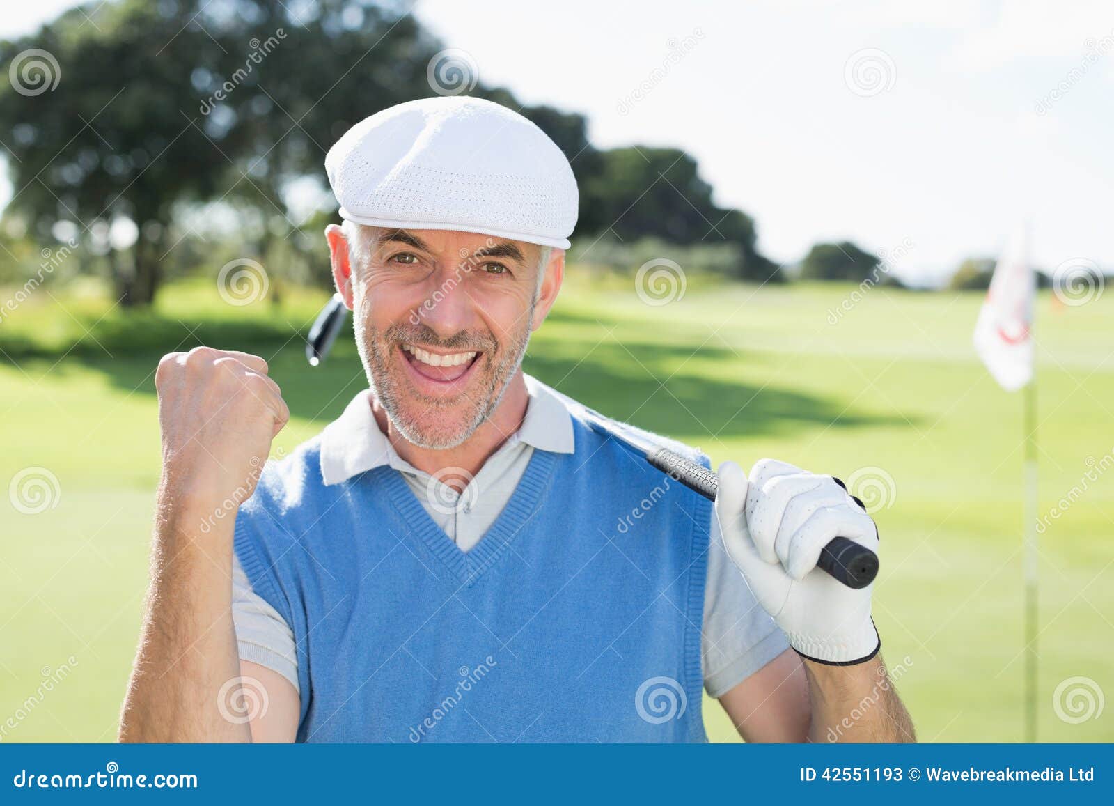 Happy Golfer Cheering at Camera on Putting Green Stock Image - Image of ...