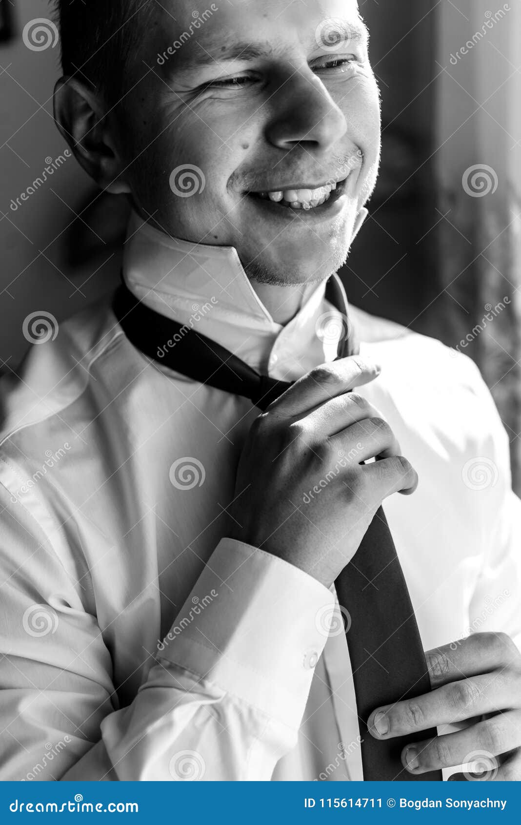 Happy Gorgeous Handsome Groom Getting Ready Dressed In The Morning On