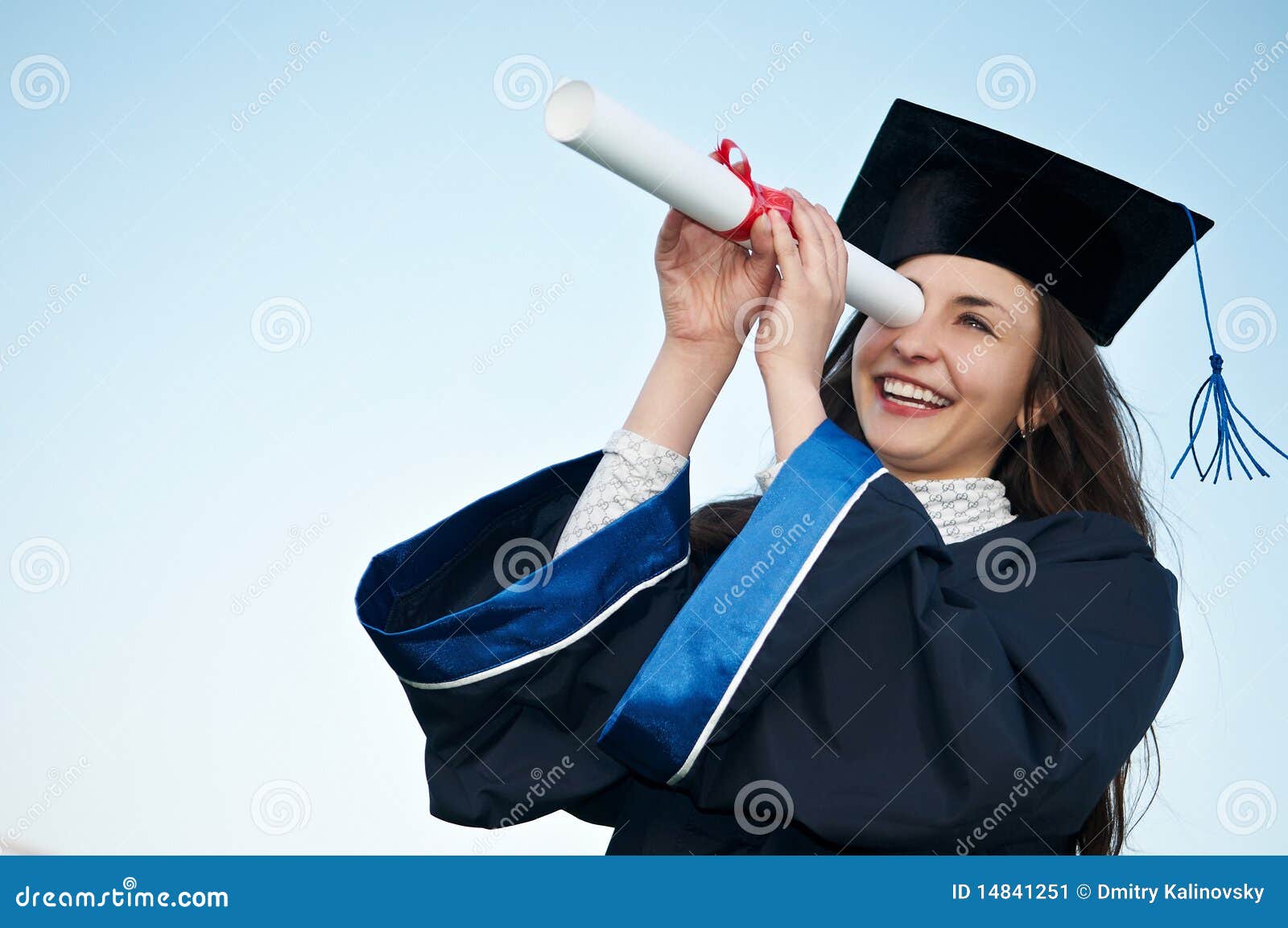 Happy Graduate Girl Looking through Stock Image - Image of attractive ...