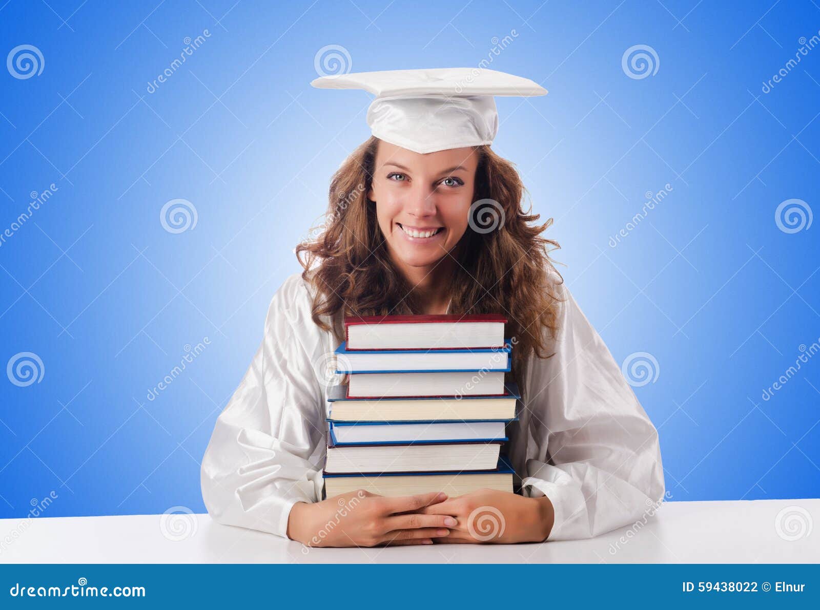 Happy Graduate with Lots of Books on White Stock Photo - Image of girl ...
