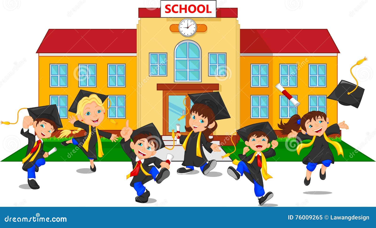 Happy Graduates Holding Certificates In Front Of The School Cartoon ...