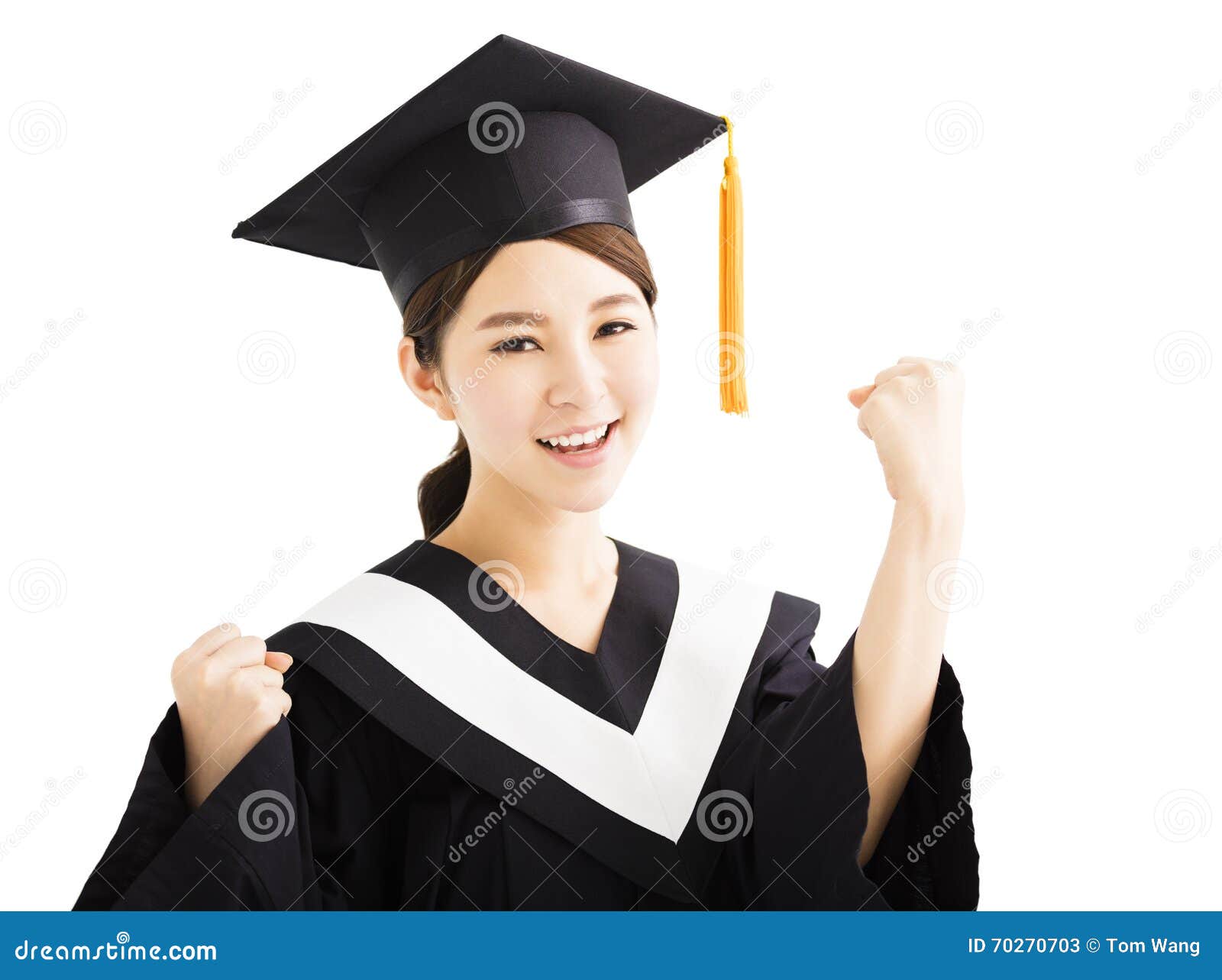 Happy Graduating Asian Student Raise Hand with Success Gesture Stock ...