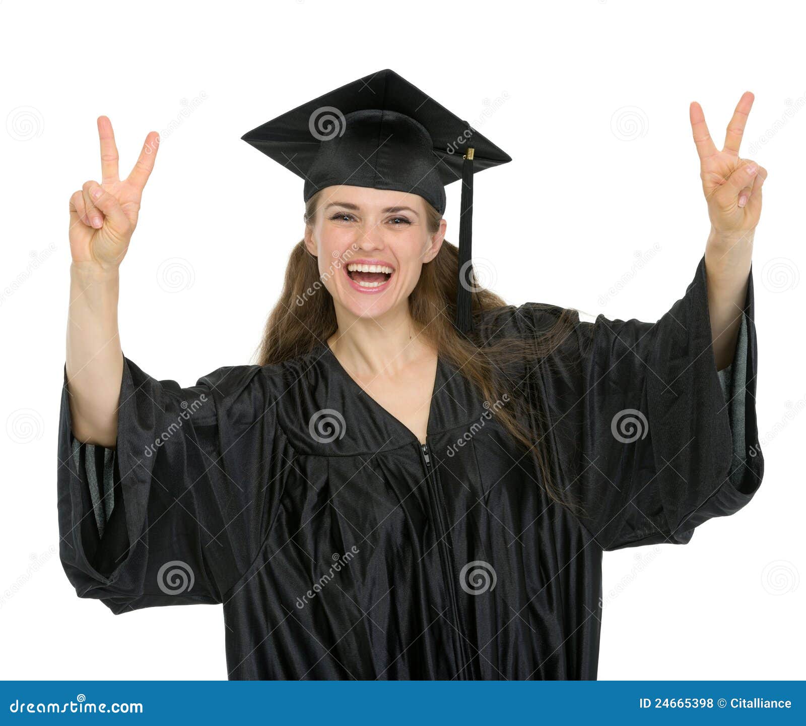 Happy Graduation Student Showing Victory Gesture Stock Photo - Image of ...