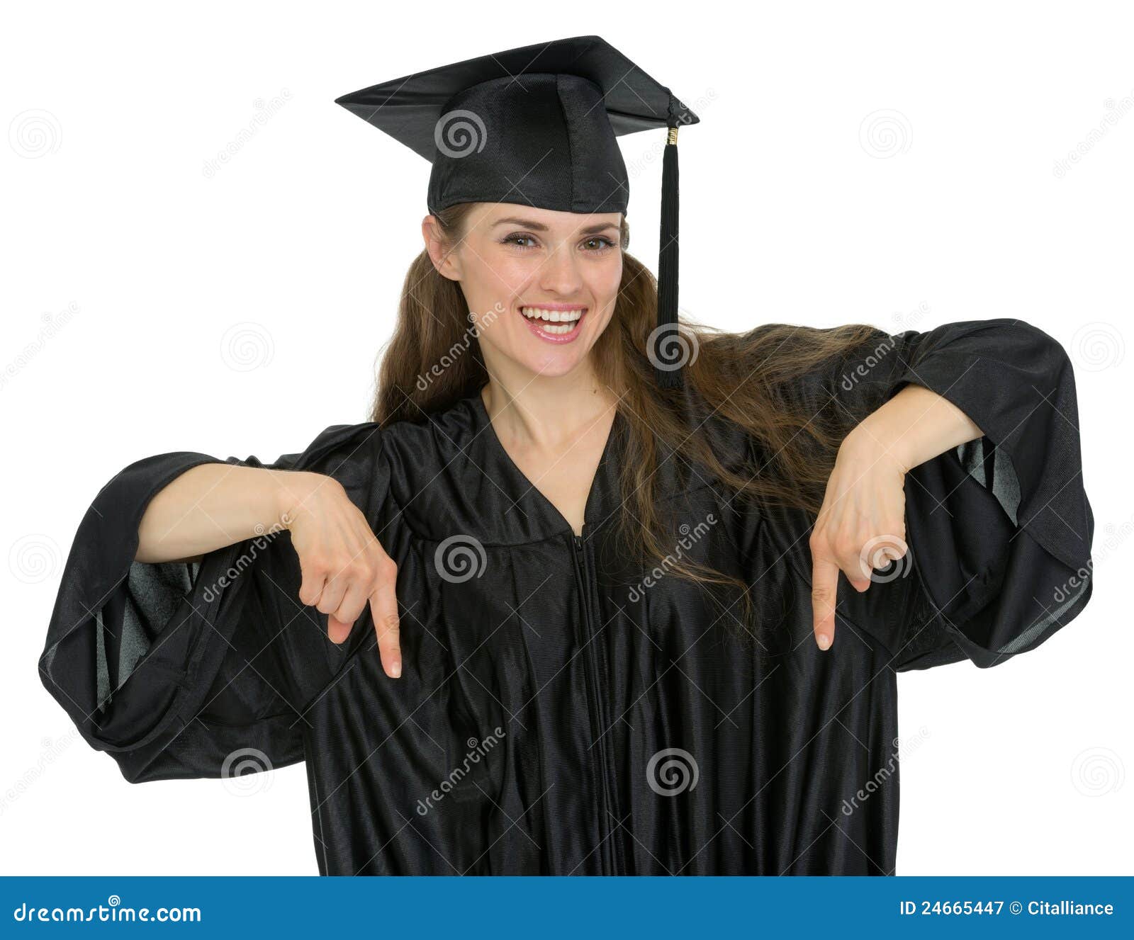 Happy Graduation Student Woman Pointing Down Stock Image - Image of ...