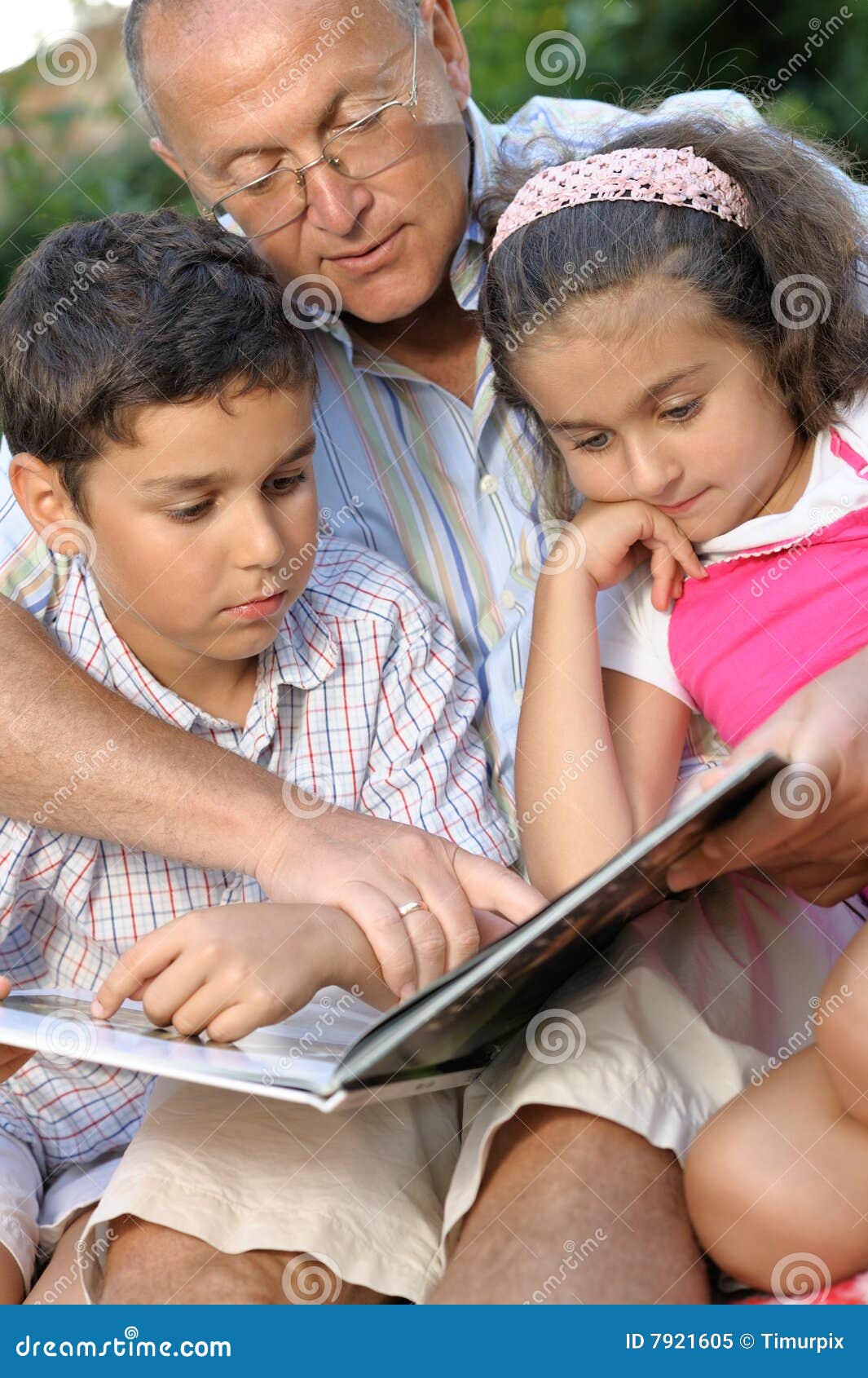 Happy Grandfather and Kids Reading Book Stock Image - Image of human ...