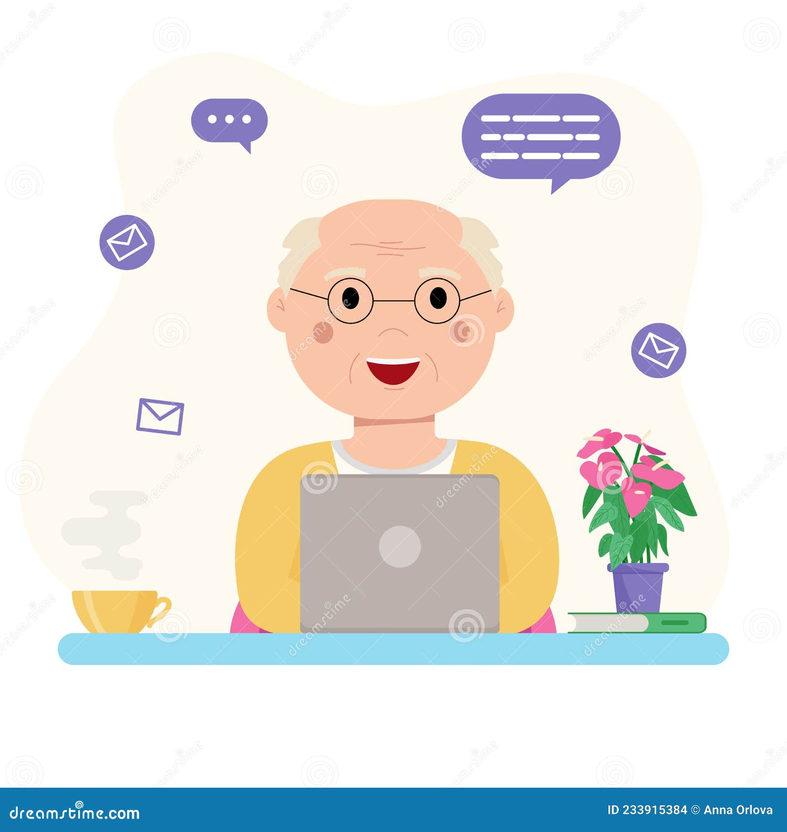 Happy Grandfather with Laptop. Old Man Using Computer To Communicate on ...