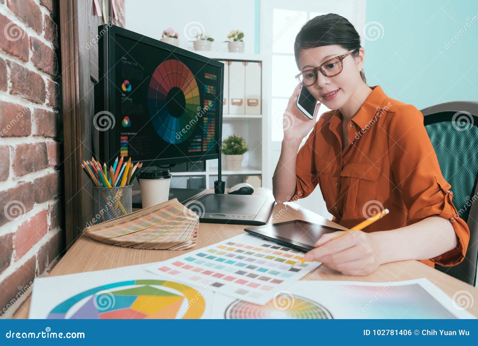 Happy Graphic Designer Using Mobile Smartphone Stock Photo - Image of ...