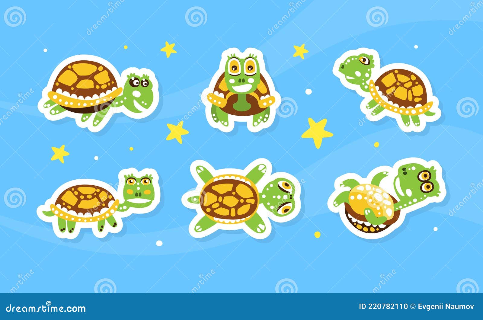 Happy Green Turtle with Shell on Starry Background Vector Sticker Set ...