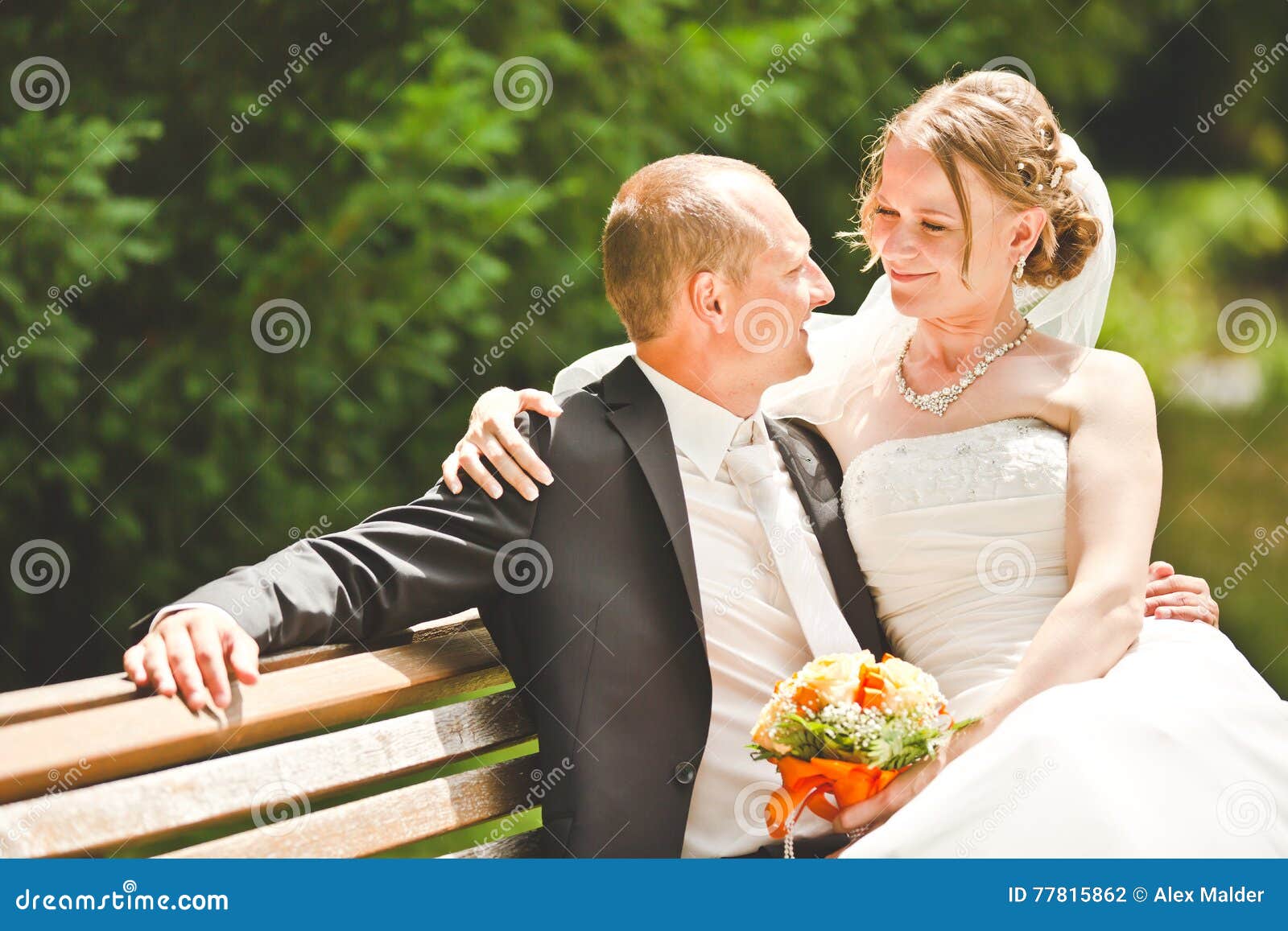 Happy Groom and Bride Look at Each Other Stock Photo - Image of married ...