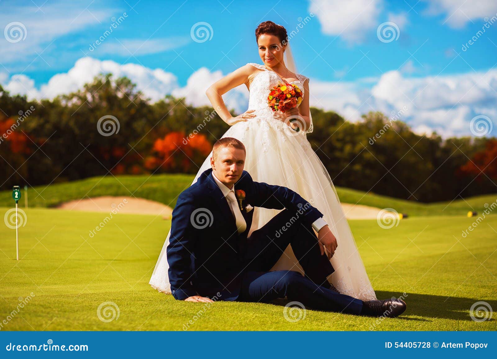 Happy Groom and Bride Sitting on Golf Field Stock Photo - Image of ...