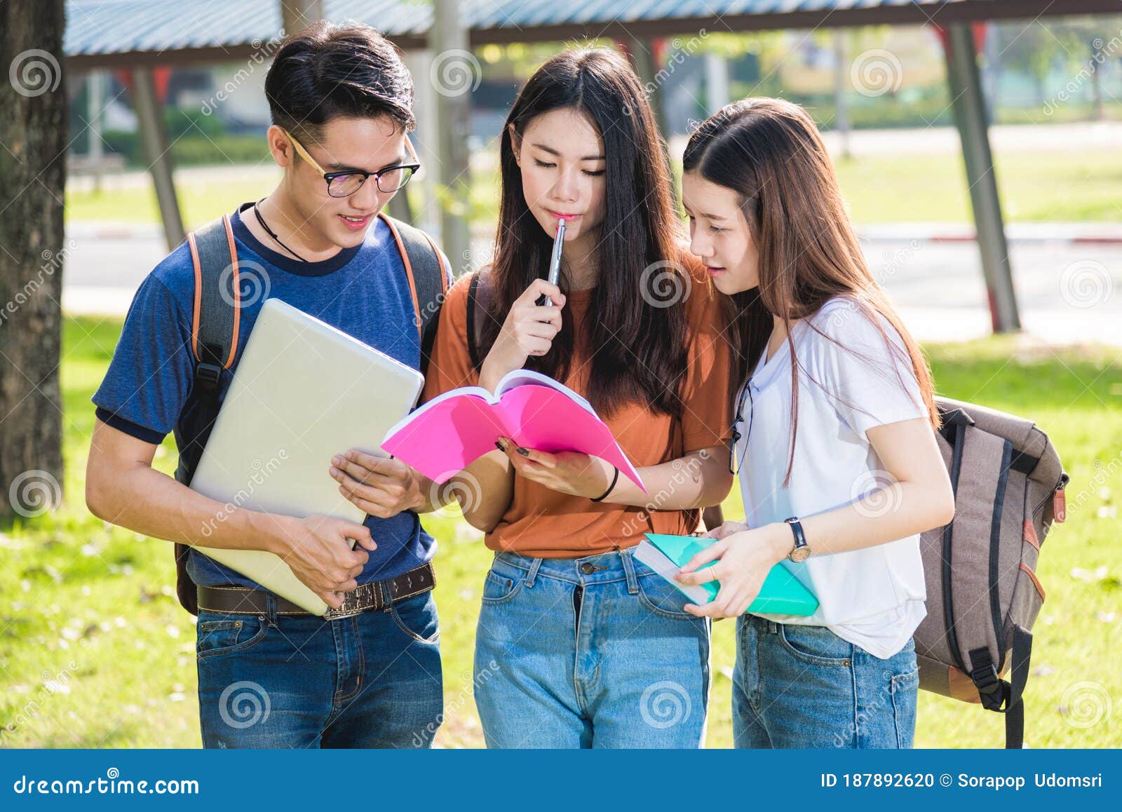 Happy Group Friends Students Standing in University Stock Photo - Image ...