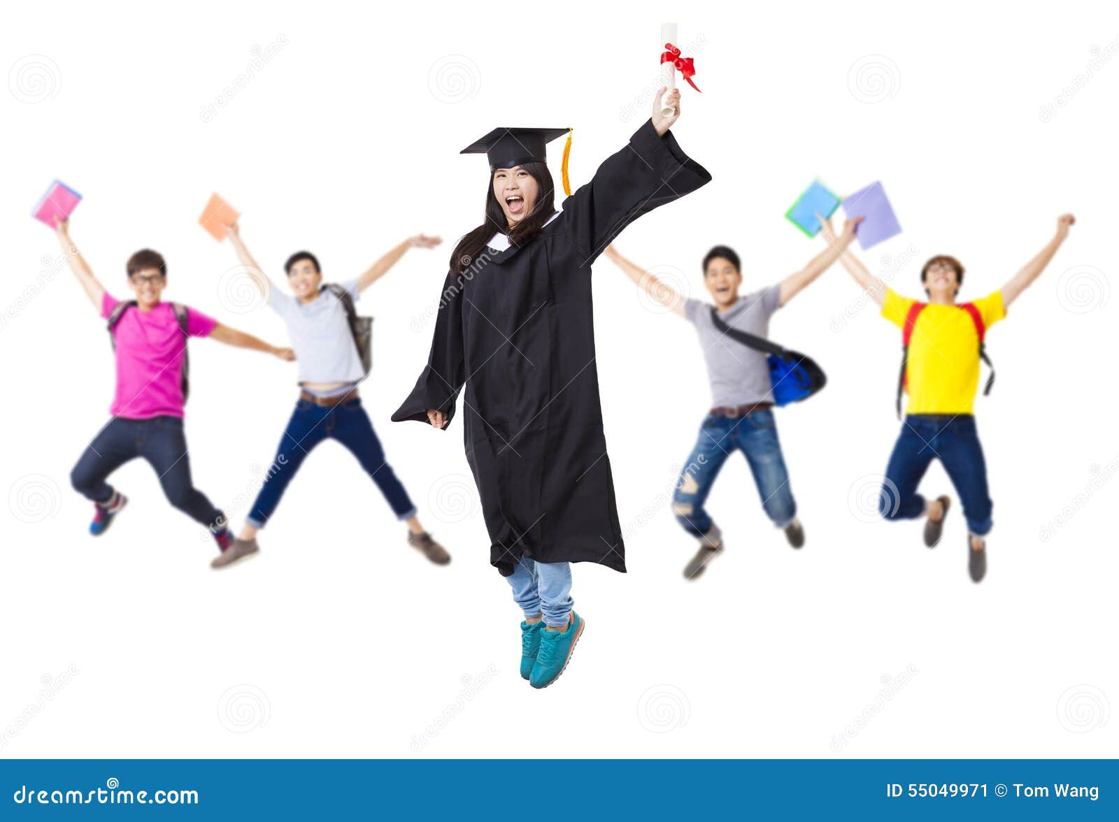 Happy Group in Graduate Robe Jumping Together Stock Image - Image of ...