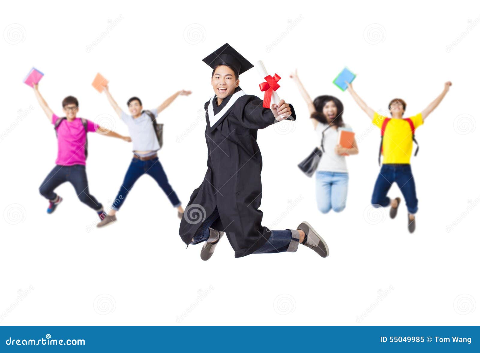 Happy Group in Graduate Robe Jumping Together Stock Image - Image of ...