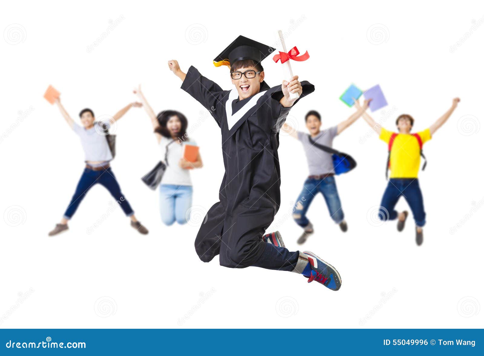 Happy Group in Graduate Robe Jumping Together Stock Photo - Image of ...