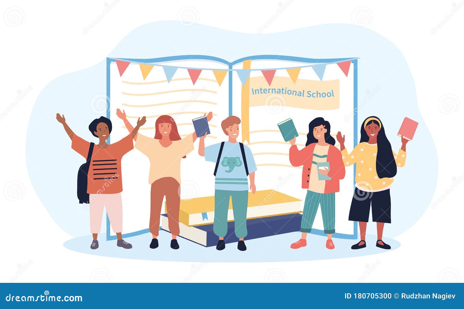 Happy Group of Multiracial Students Waving Stock Vector - Illustration ...