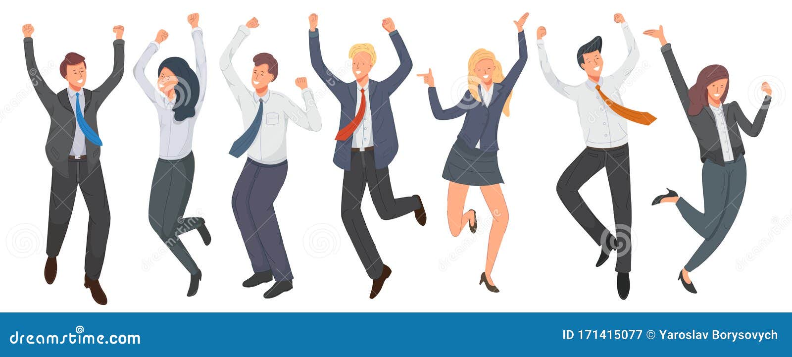 Happy Group of Office Worker Jumping Vector. Cheerful Employees ...