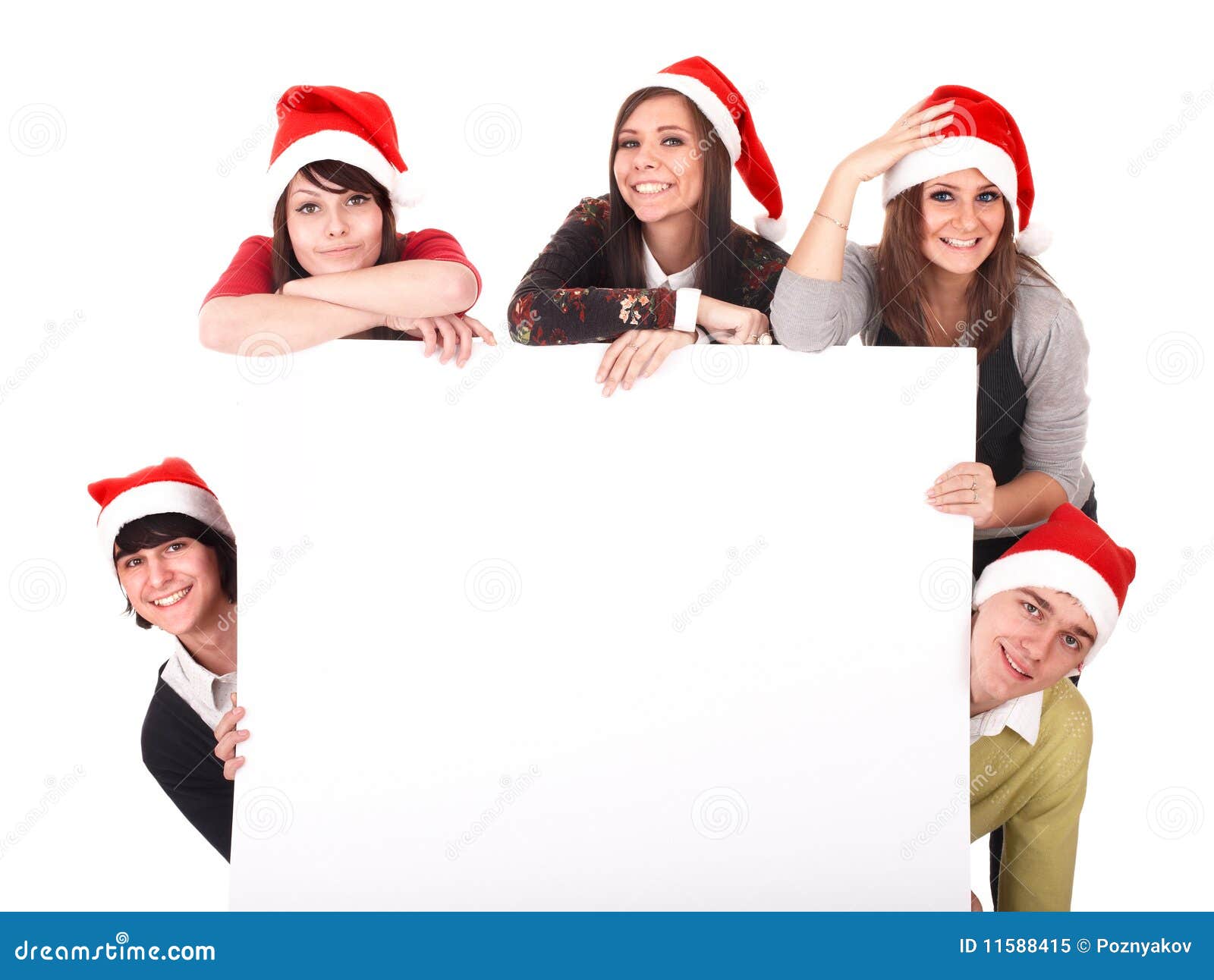 Happy Group People in Santa Hat Whith Banner. Stock Image - Image of ...