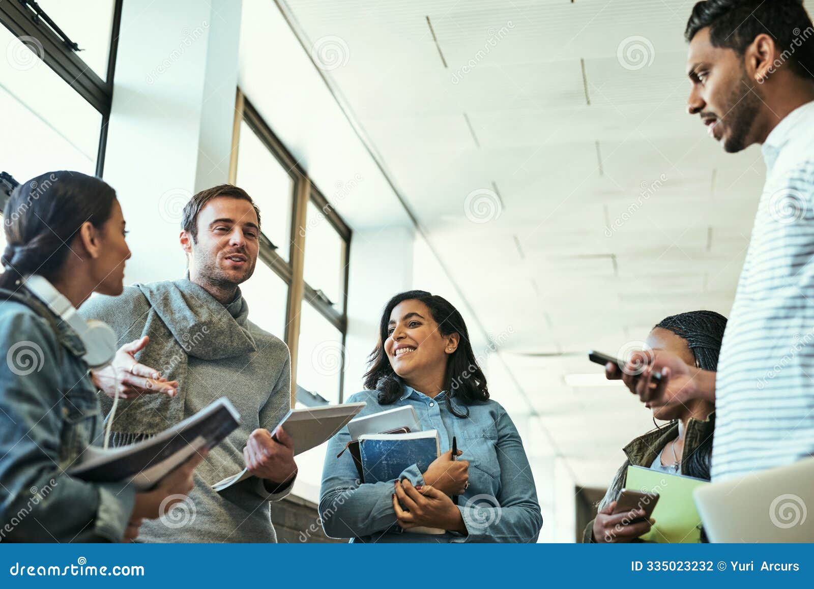 Happy, Group and Students with Education, Textbooks and Diversity in ...