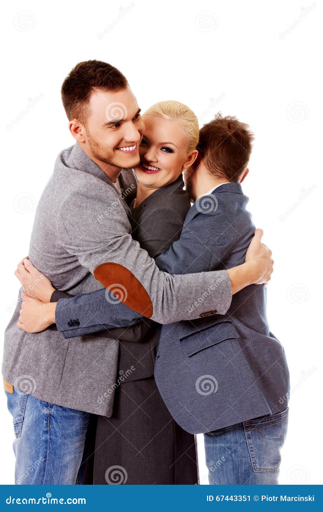 Happy Group of Three People Hugging Stock Image - Image of adults ...