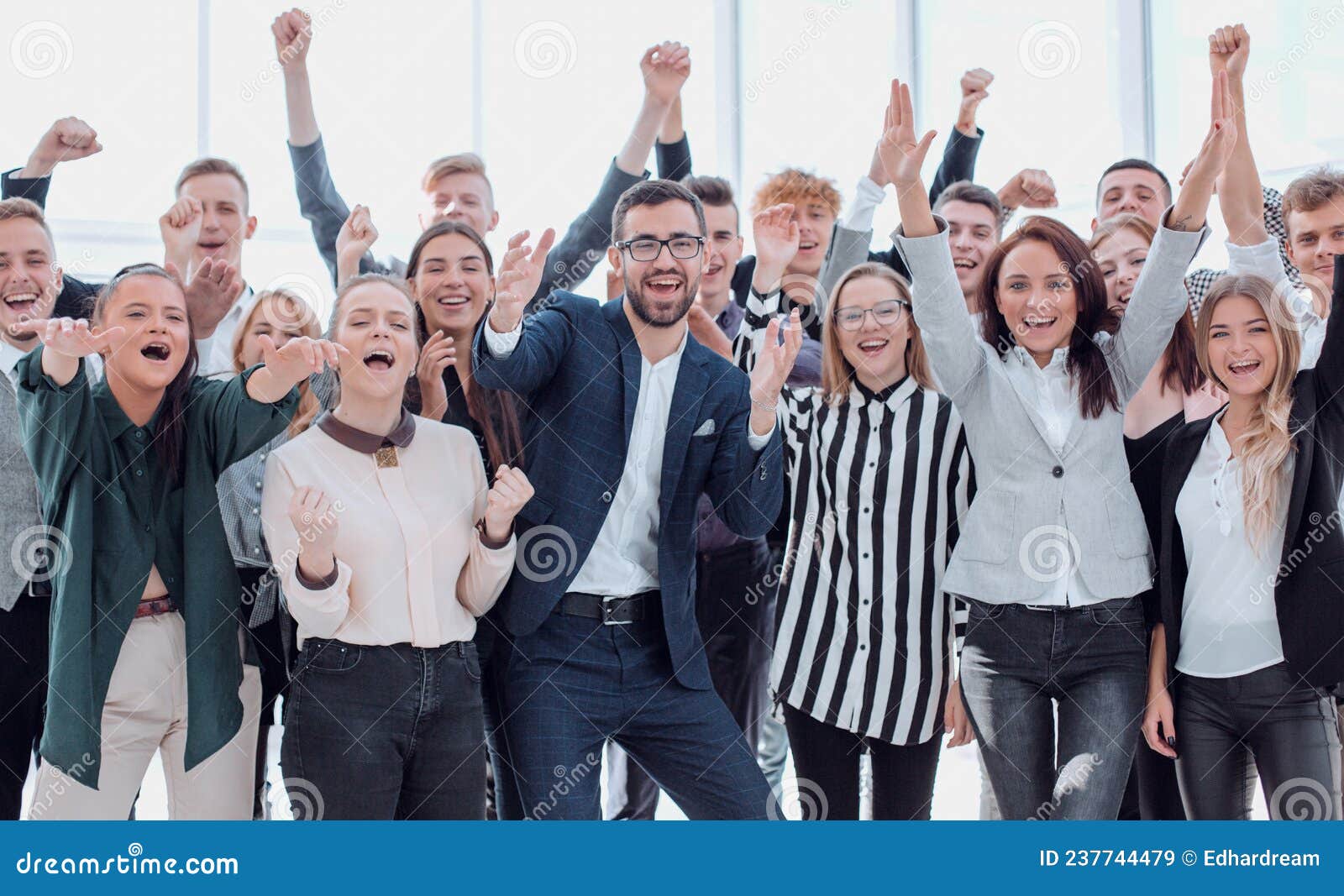 Happy Group of Young Employees with Hands Up Stock Image - Image of ...
