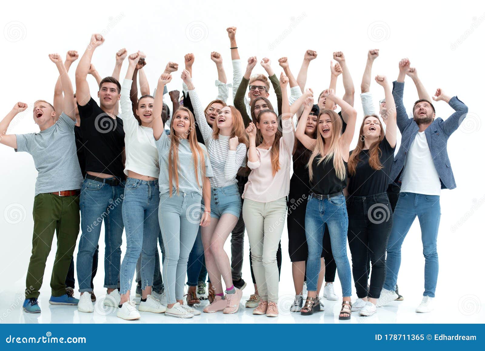Happy Group of Young People with Hands Up Stock Image - Image of ...