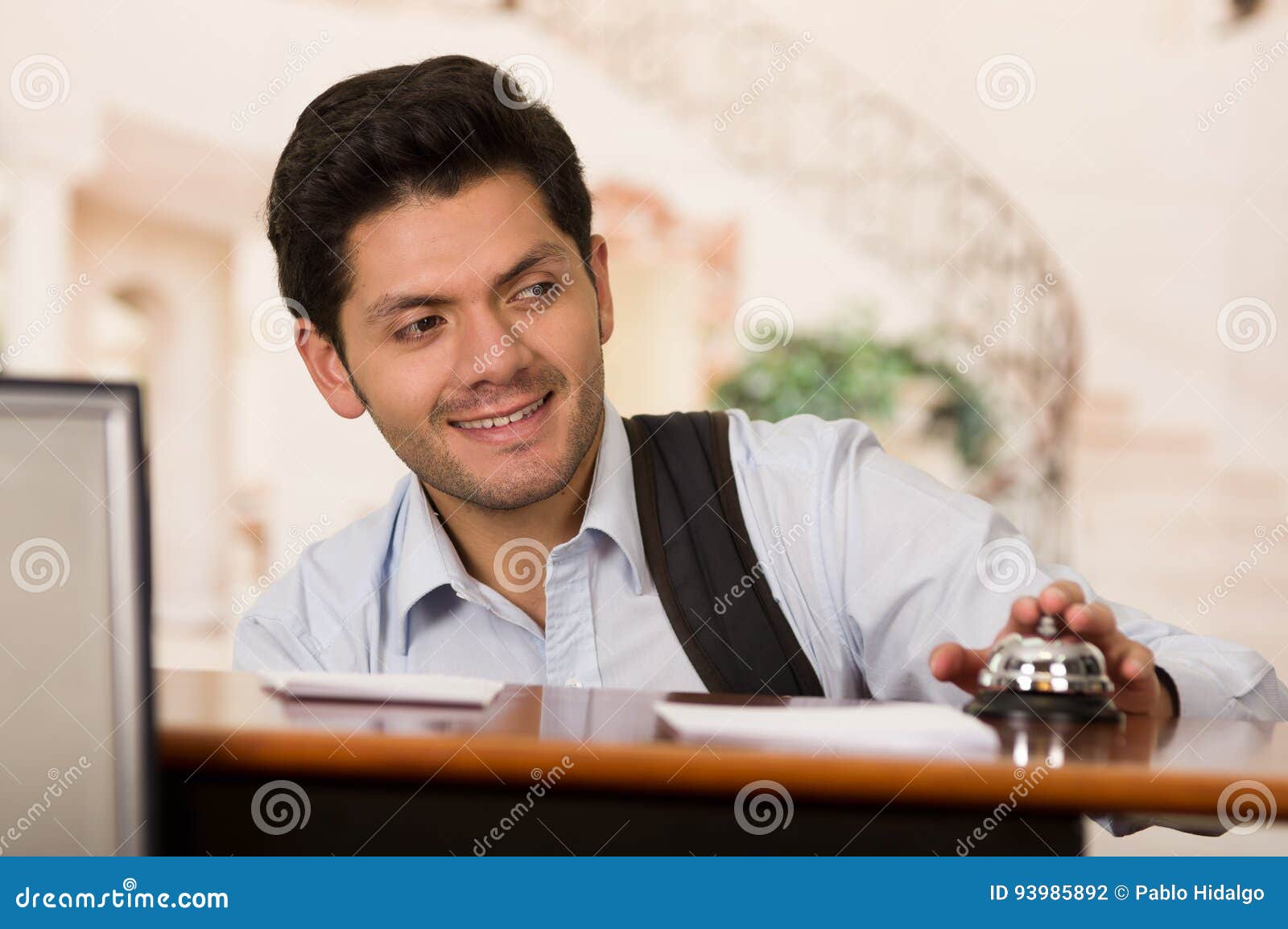Happy Guest And Receptionist At Hotel Reception, Young Travellers ...