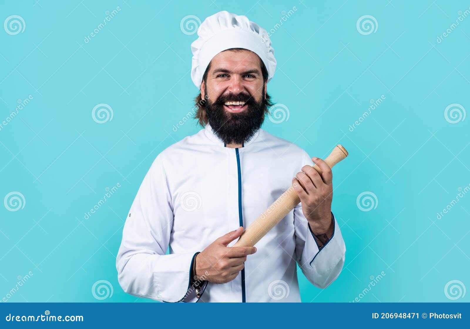 Happy Guy Chef in Hat with Beard and Moustache on Blue Background Use ...