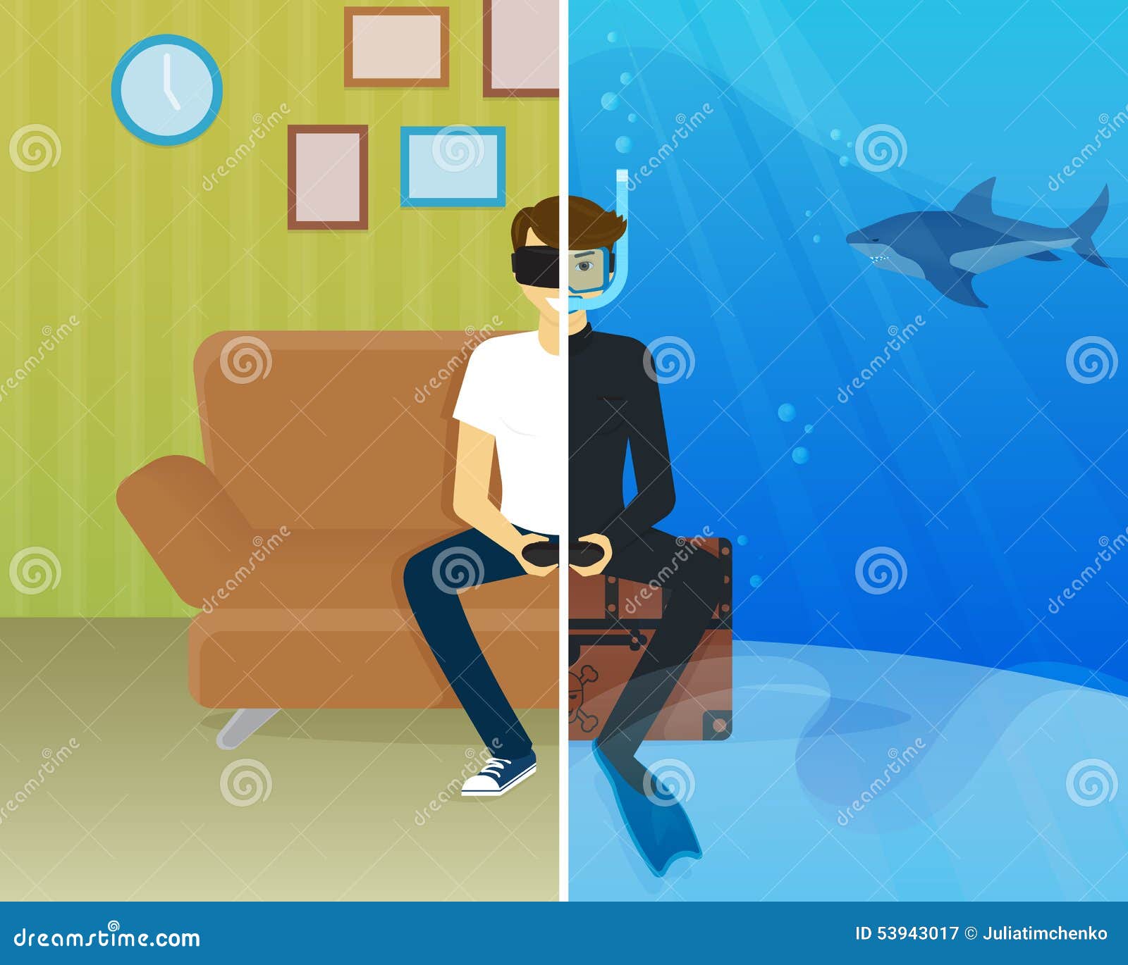 Happy Guy is Doing Scuba Diving in Virtual Reality Stock Vector ...