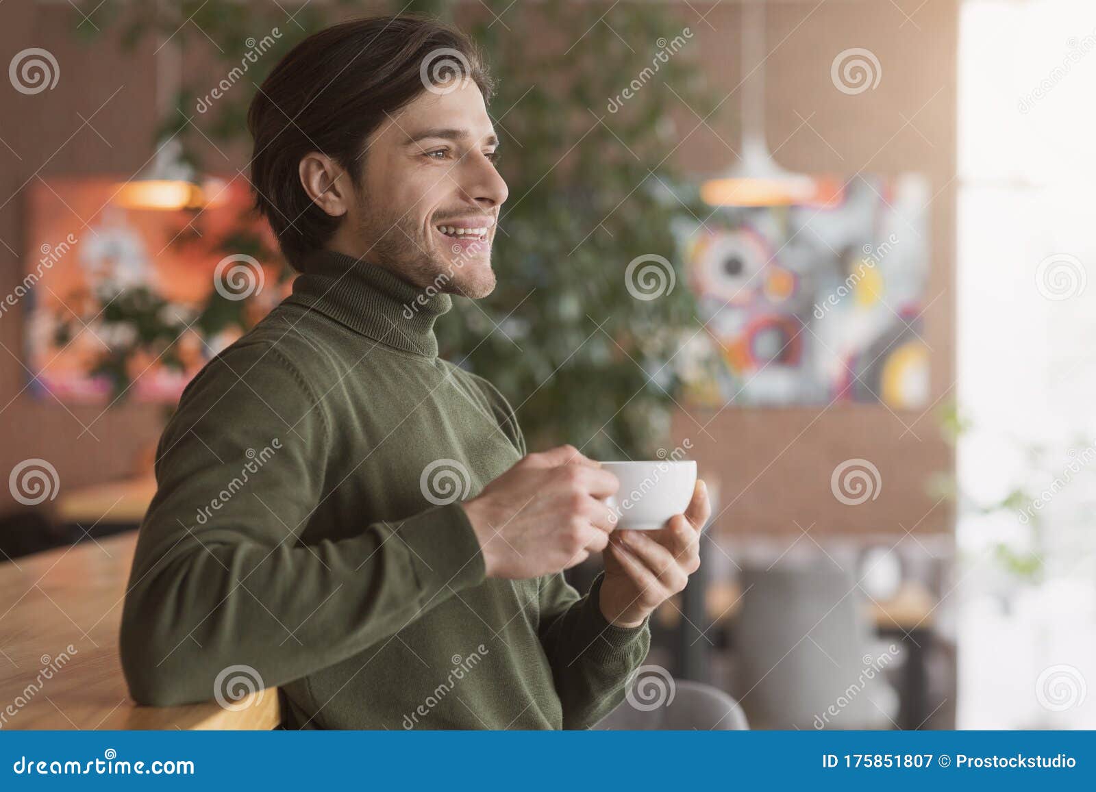 Happy Guy Drinking Tea or Coffee at Cafe Stock Image - Image of adult ...