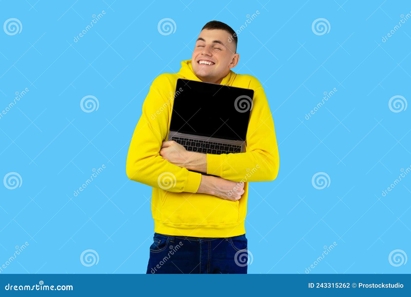 Happy Guy Hugging Laptop with Empty Screen Over Blue Background Stock ...