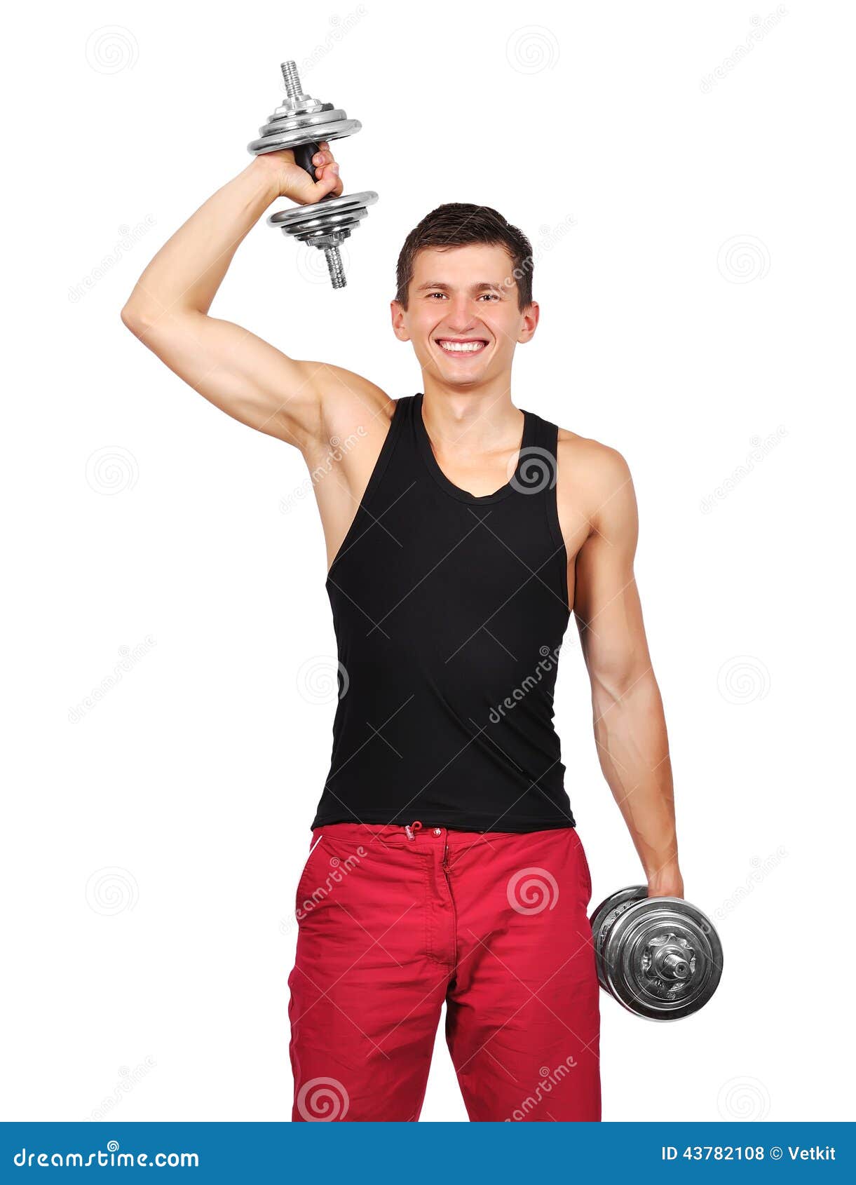 Happy guy lifting dumbbell stock photo. Image of heavy - 43782108