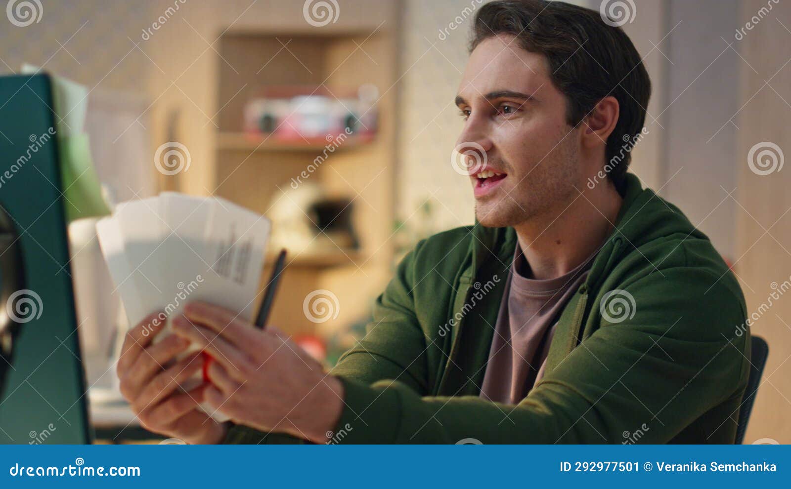 Happy Guy Looking Computer at Office Closeup. Artist Comparing Colour ...