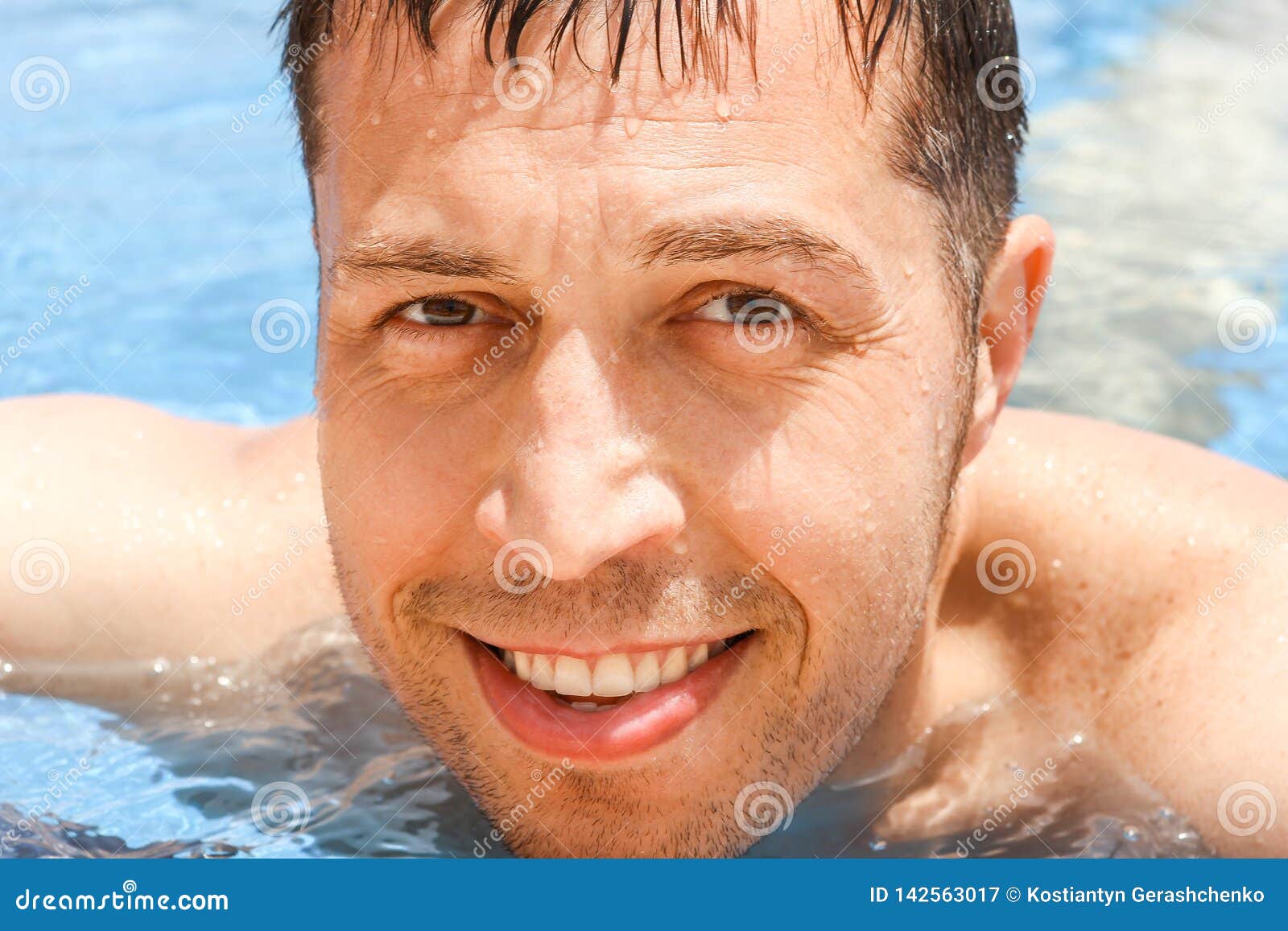 Happy Guy in the Pool by the Sea Stock Image - Image of holiday ...