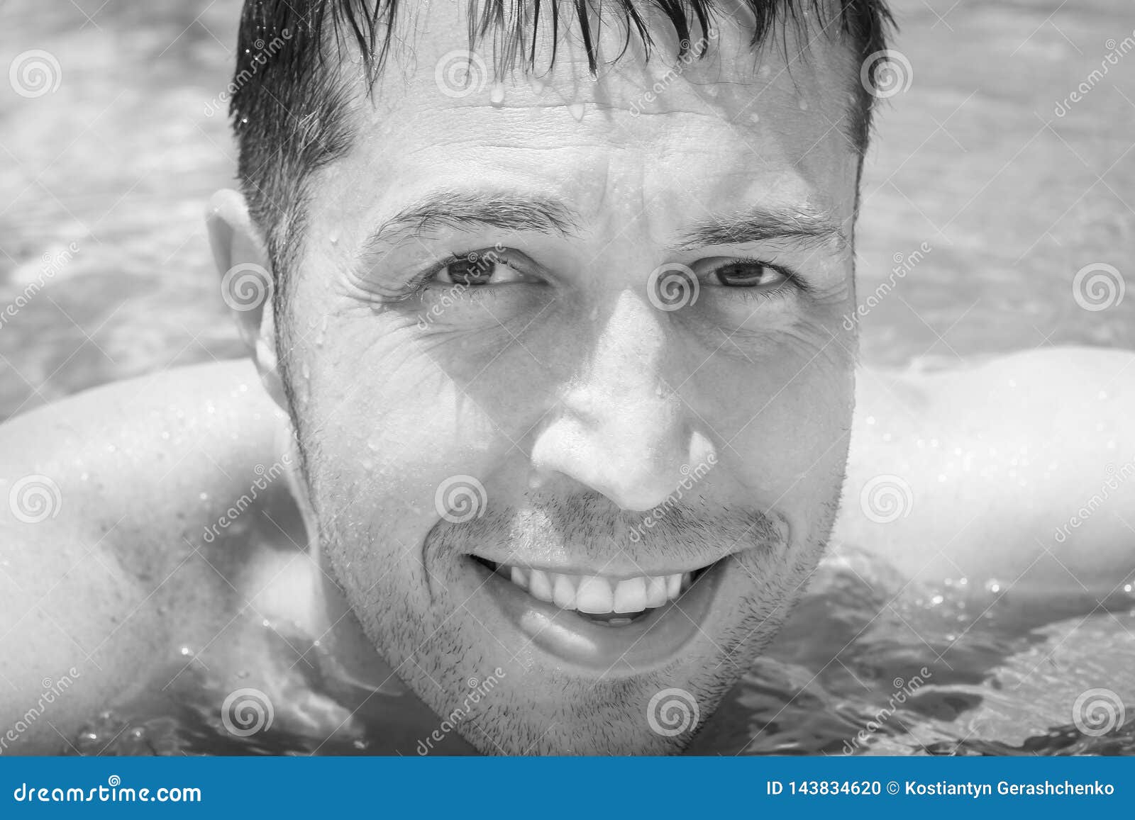 Happy Guy in the Pool by the Sea Stock Photo - Image of young, white ...
