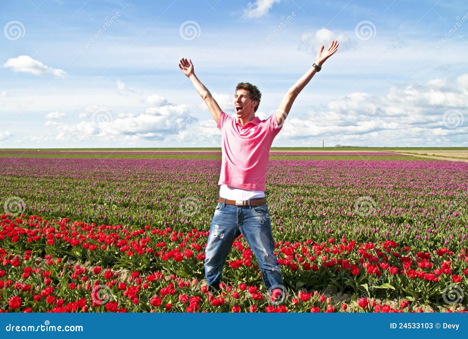 Happy Guy in the Tulip Fields Stock Image - Image of countryside ...