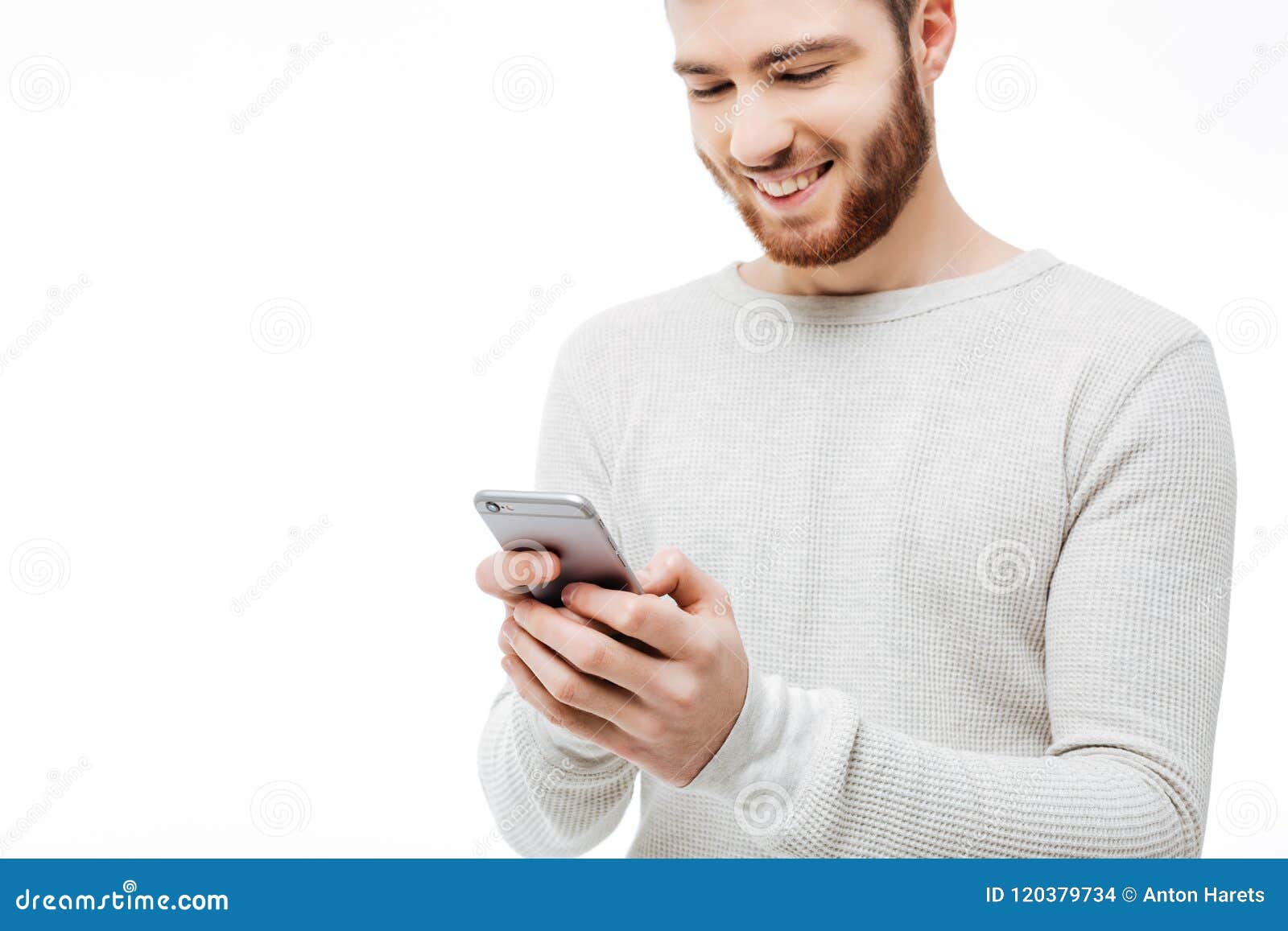 Happy Guy Typing Message On The Smartphone Isolated Handsome Cheerful