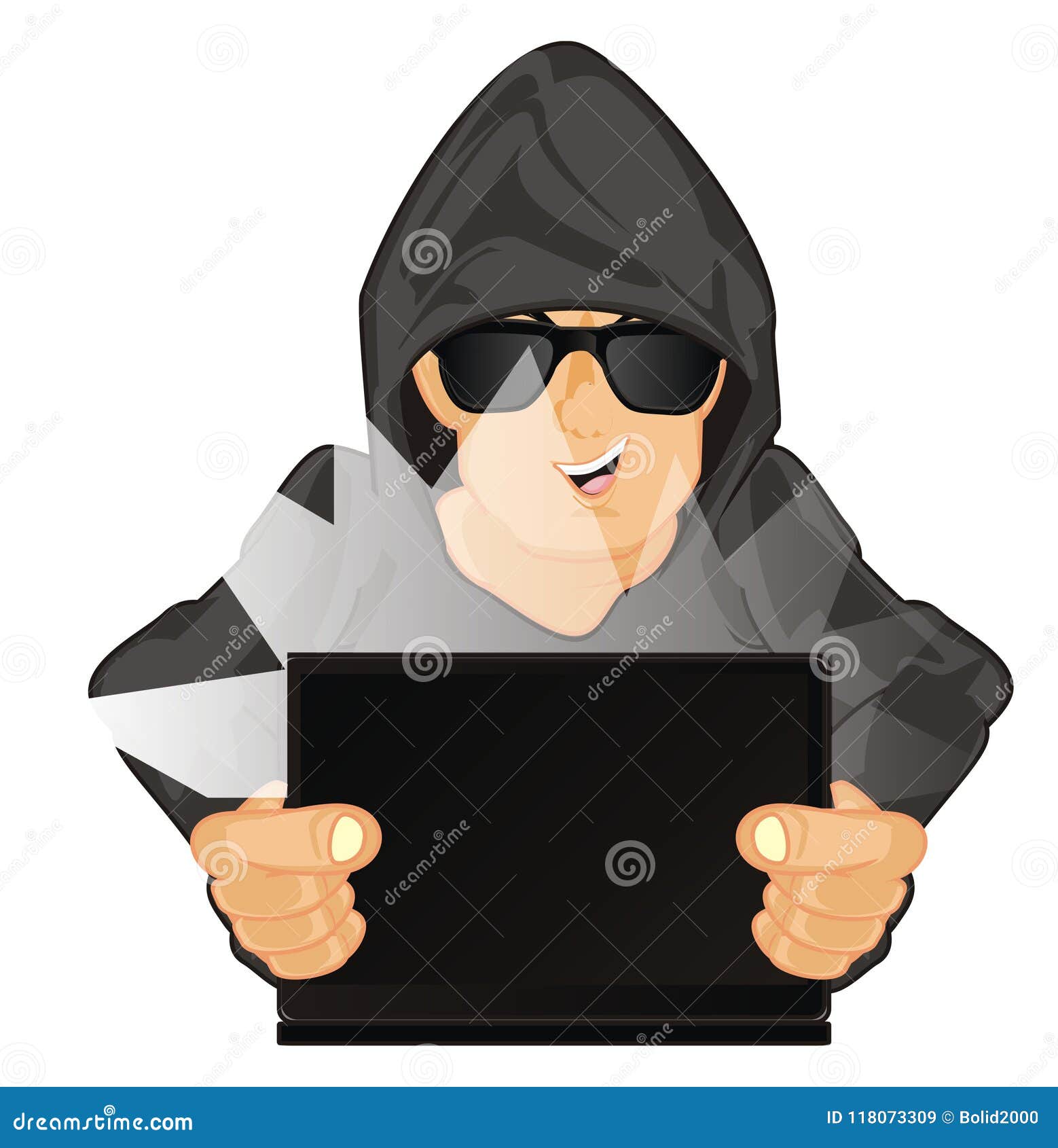 Happy hacker and laptop stock illustration. Illustration of smiling ...