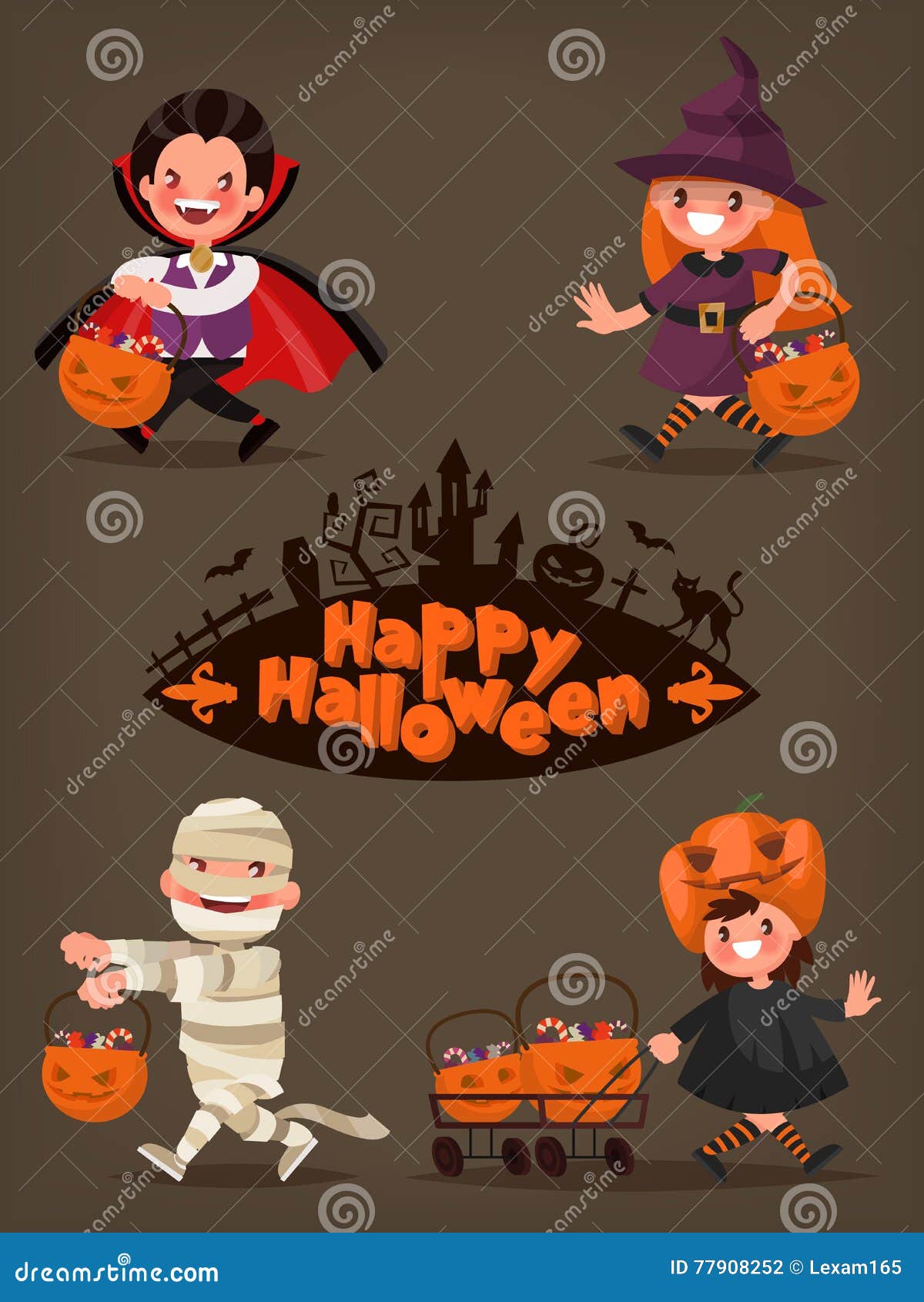Happy Halloween. Baby Characters with Baskets of Candy Stock ...