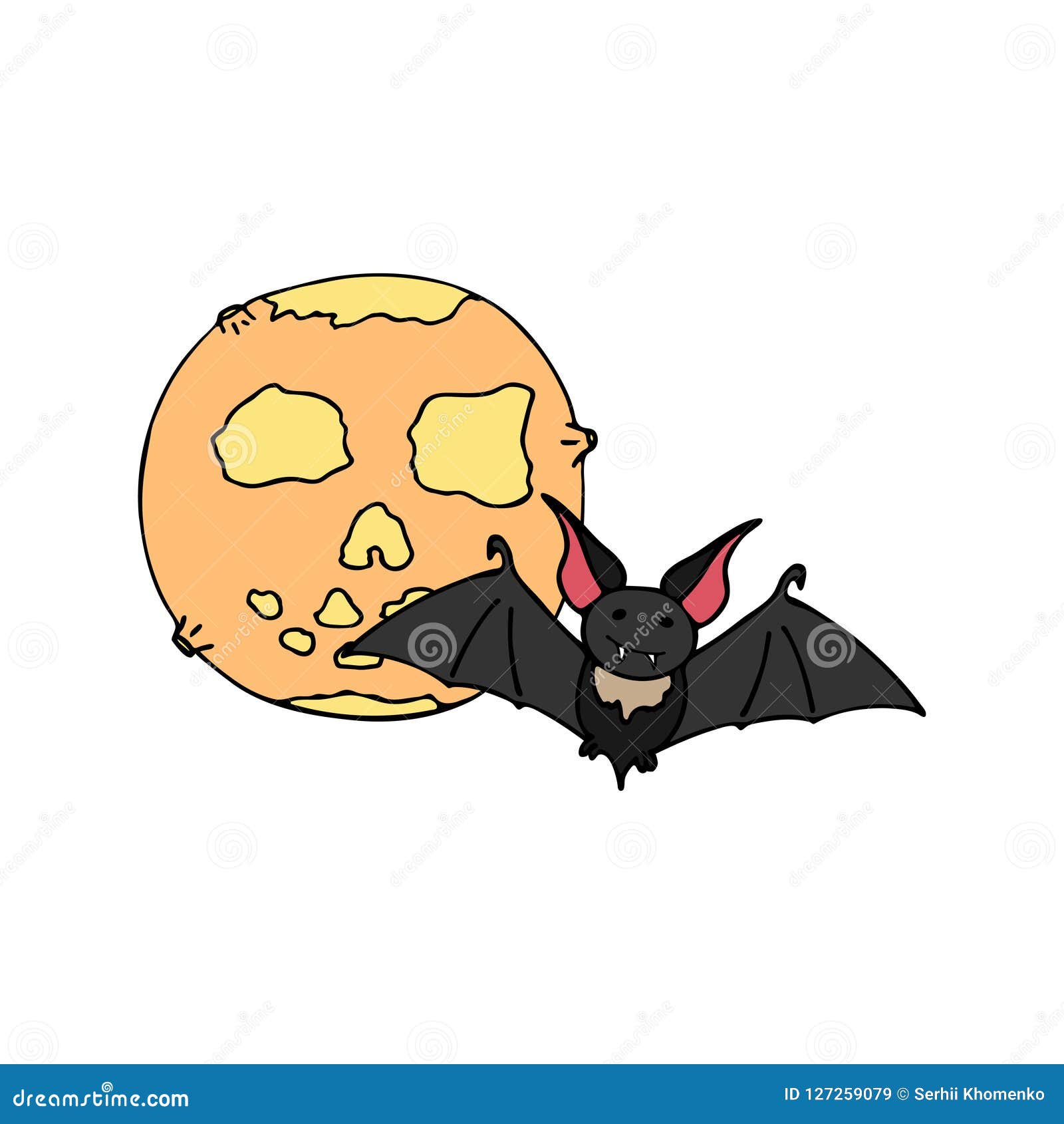 Happy Halloween Color Vector Icon With Cute Vampire Bat And Moon Trick