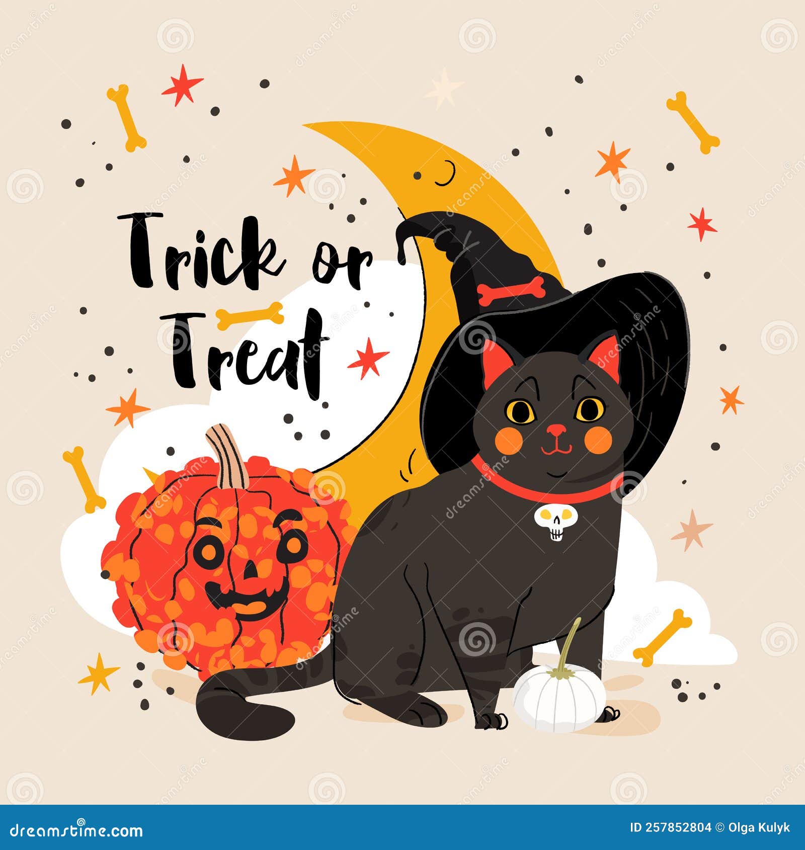 Happy Halloween Day Vector Card Cute Black Cat On Witch Hat And Smile