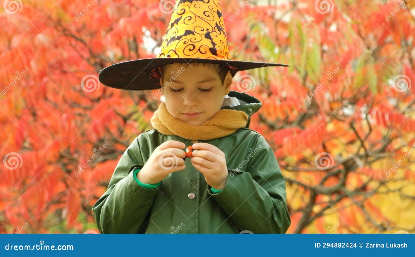 Happy Halloween Little Boy Opens Candy Outdoors. Stock Footage - Video ...