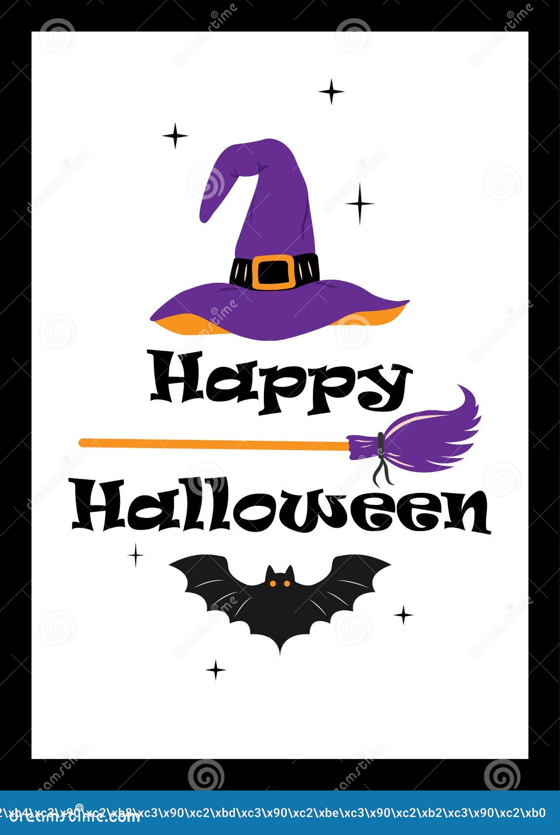 Happy Halloween Postcard With Witch Hat Broom And Bat Stock Vector