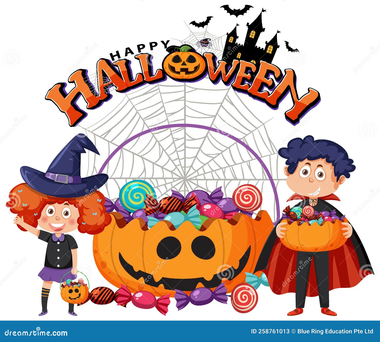 Happy Halloween Text Logo with Cartoon Character Stock Vector ...
